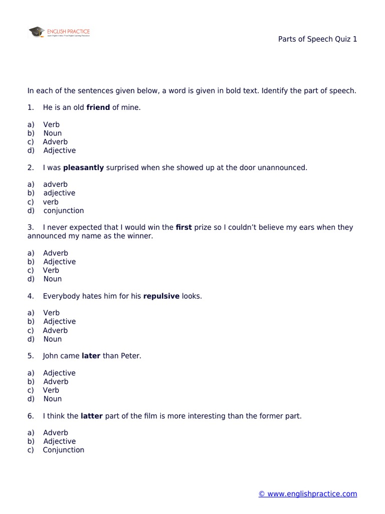 Parts of Speech Quiz 1 | Download Free PDF | Adverb | Part Of Speech
