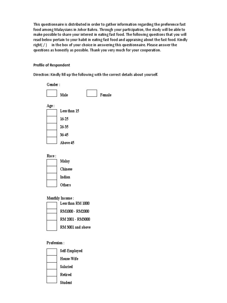 Questionnaire Fast Food | PDF | Fast Food | Foods