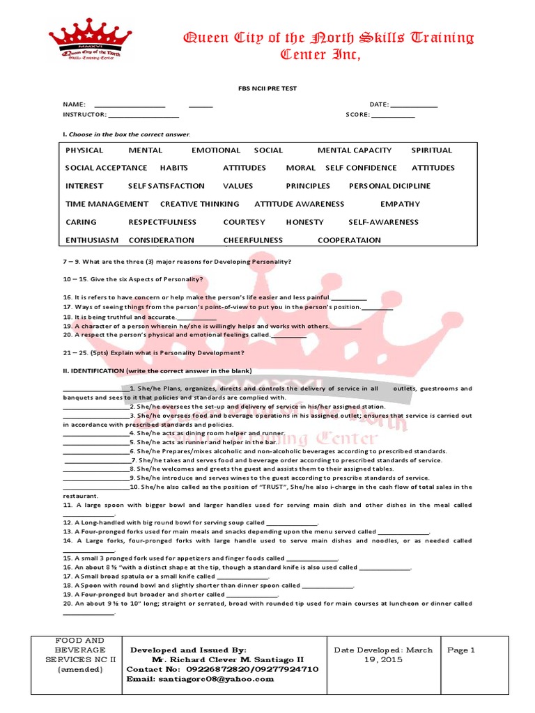 FBS NC II Pre-Test Overview | PDF | Tableware | Lunch