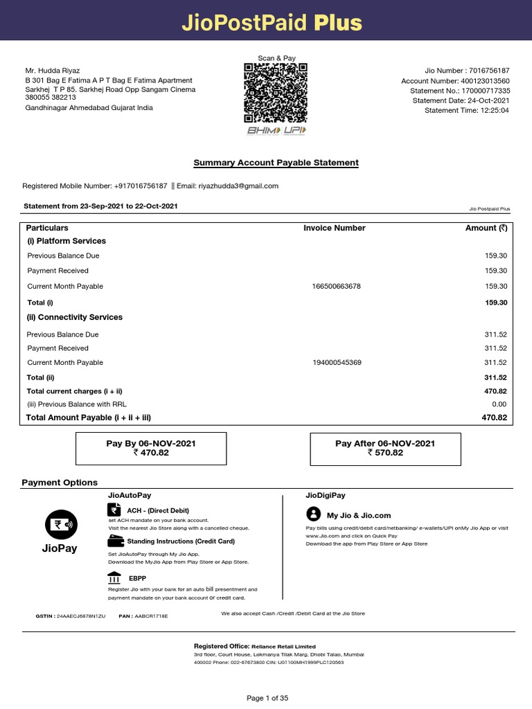 Jio Postpaid Plus Bill Statement | PDF | Credit Card | Debit Card