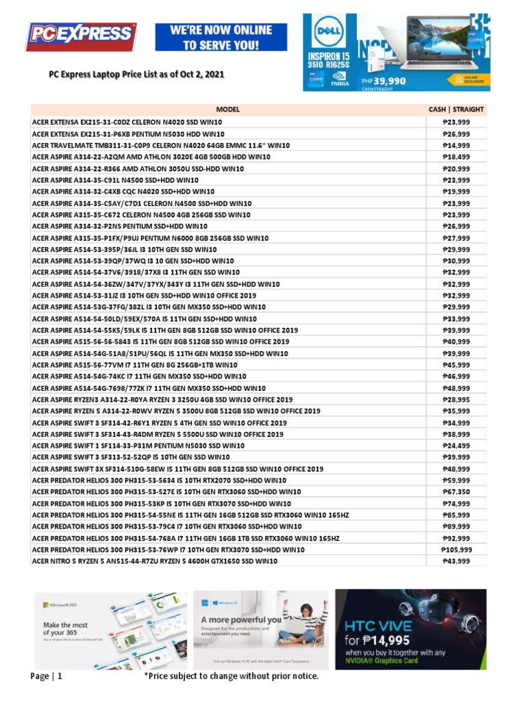 PC Express Laptop Pricelist - Oct 2 2021 | PDF | Computer Companies Of ...