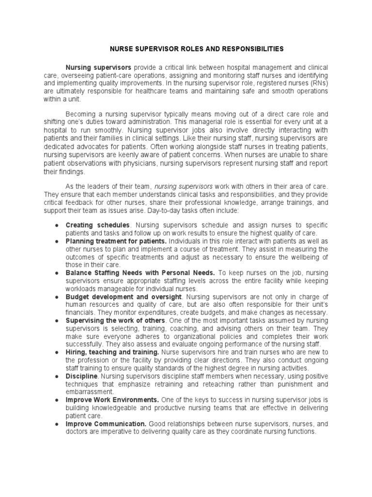 Nurse Supervisor Roles Duties | PDF | Nursing | Patient