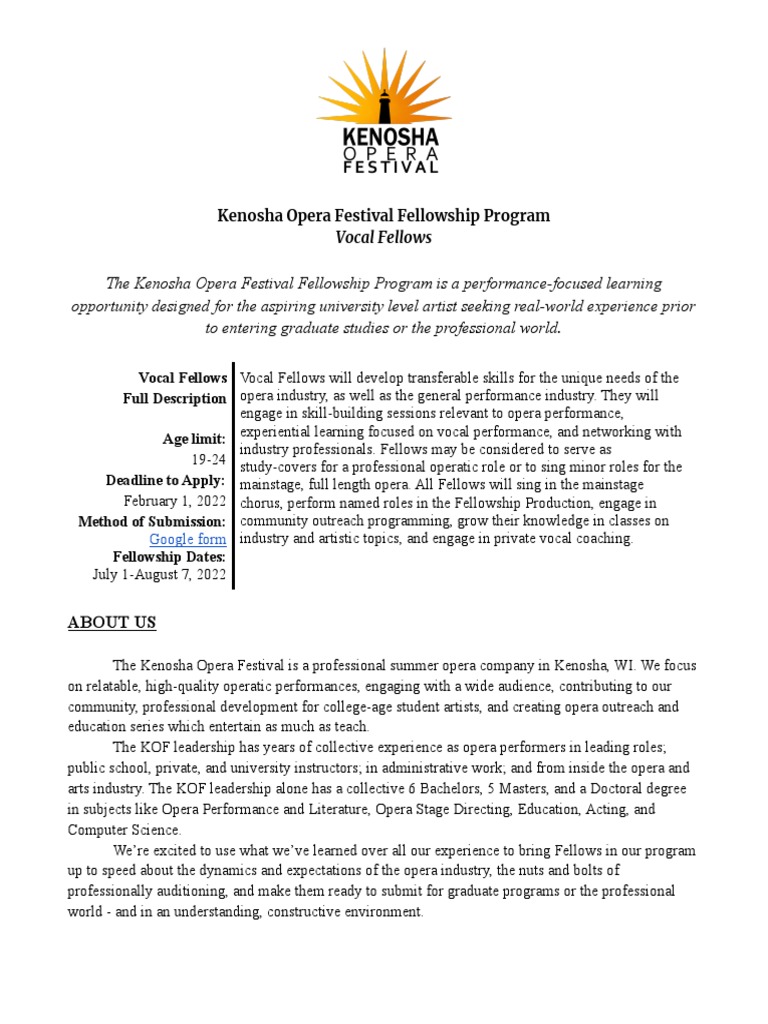 Kenosha Opera Festival Vocal Fellowship Program 2021 | PDF | Audition ...