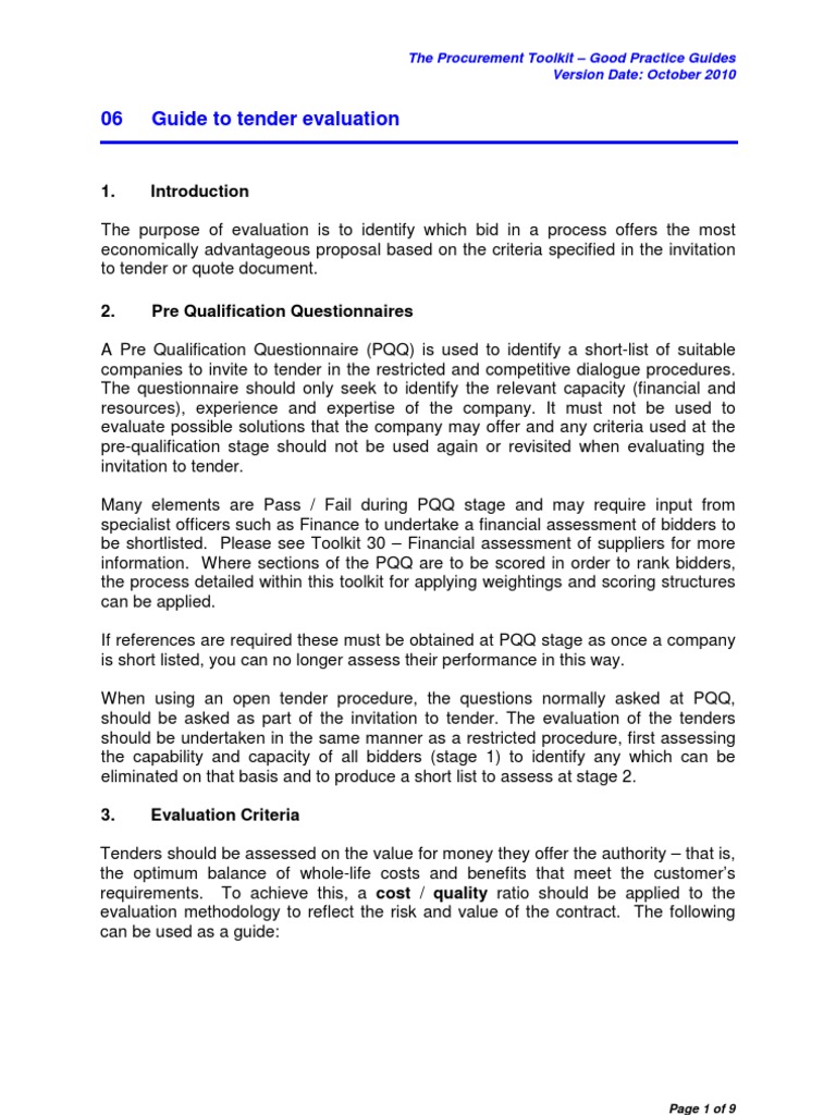 06 Guide to Tender Evaluation | Evaluation | Procurement