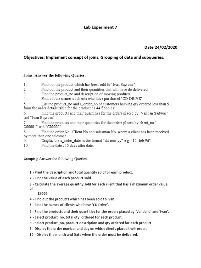 Lab Experiment 7 Concept of Joins, Grouping of Data and Subqueries | PDF | Information ...