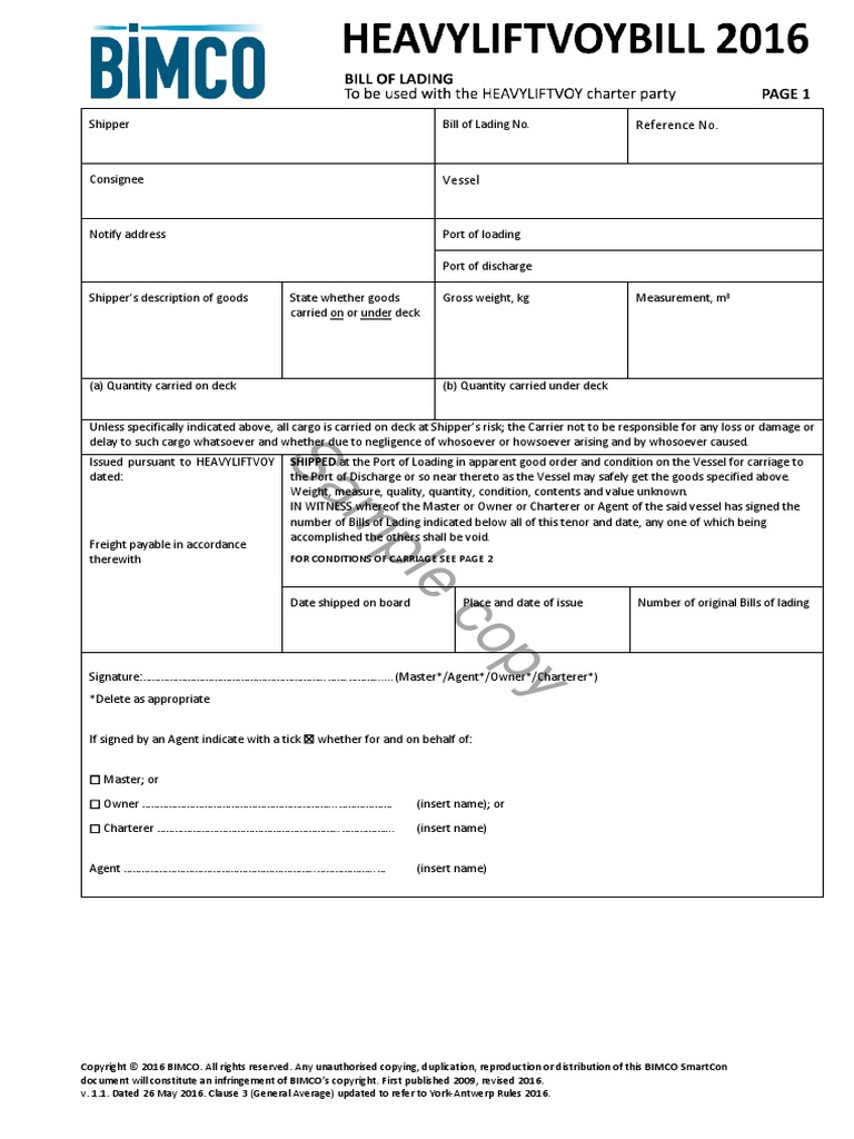 Sample Copy HEAVYLIFTVOYBILL 2016 | Download Free PDF | Cargo | Bill Of ...