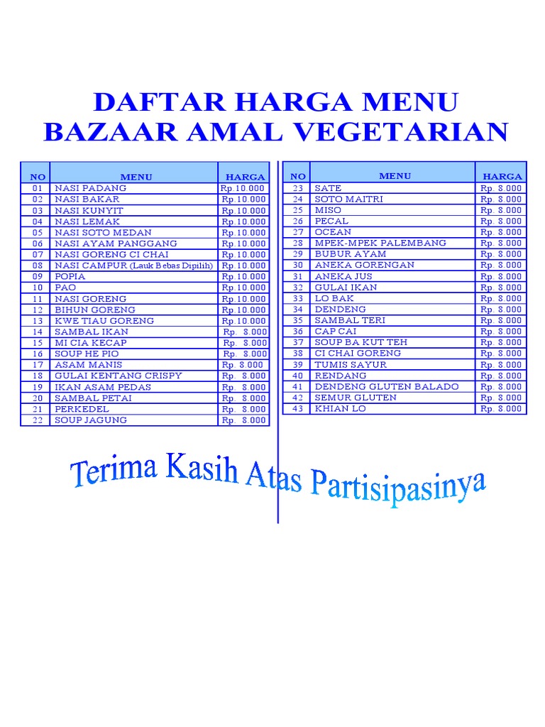 Daftar Harga Menu Vegetarian Bazaar | PDF