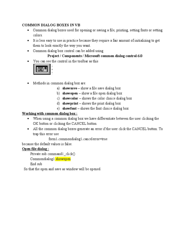 Common Dialog Boxes in VB | PDF | Dialog Box | Computer File Common Dialog Boxes in VB | PDF | Dialog Box | Computer File
