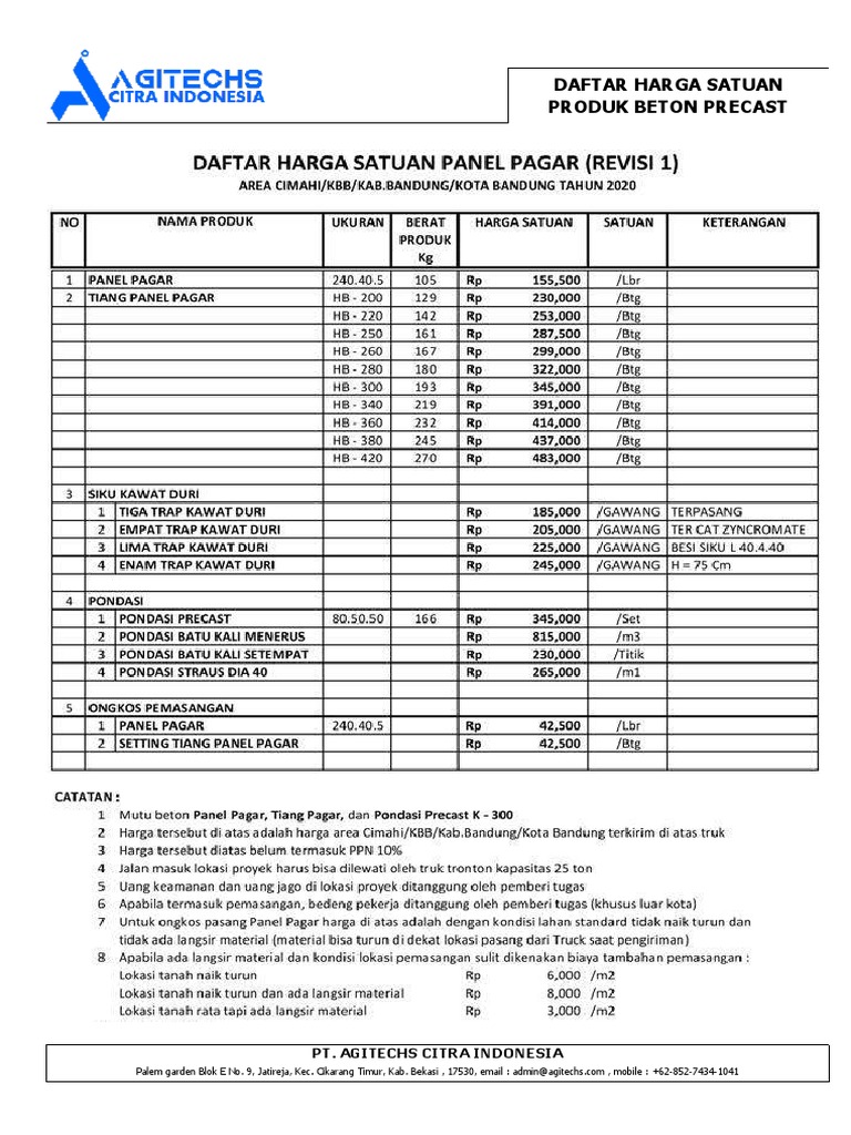 Daftar Harga Satuan Produk Beton Precast-Agitechs | PDF
