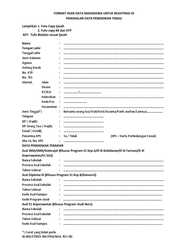 Format Isian Data Mahasiswa Untuk PD DIKTI | PDF