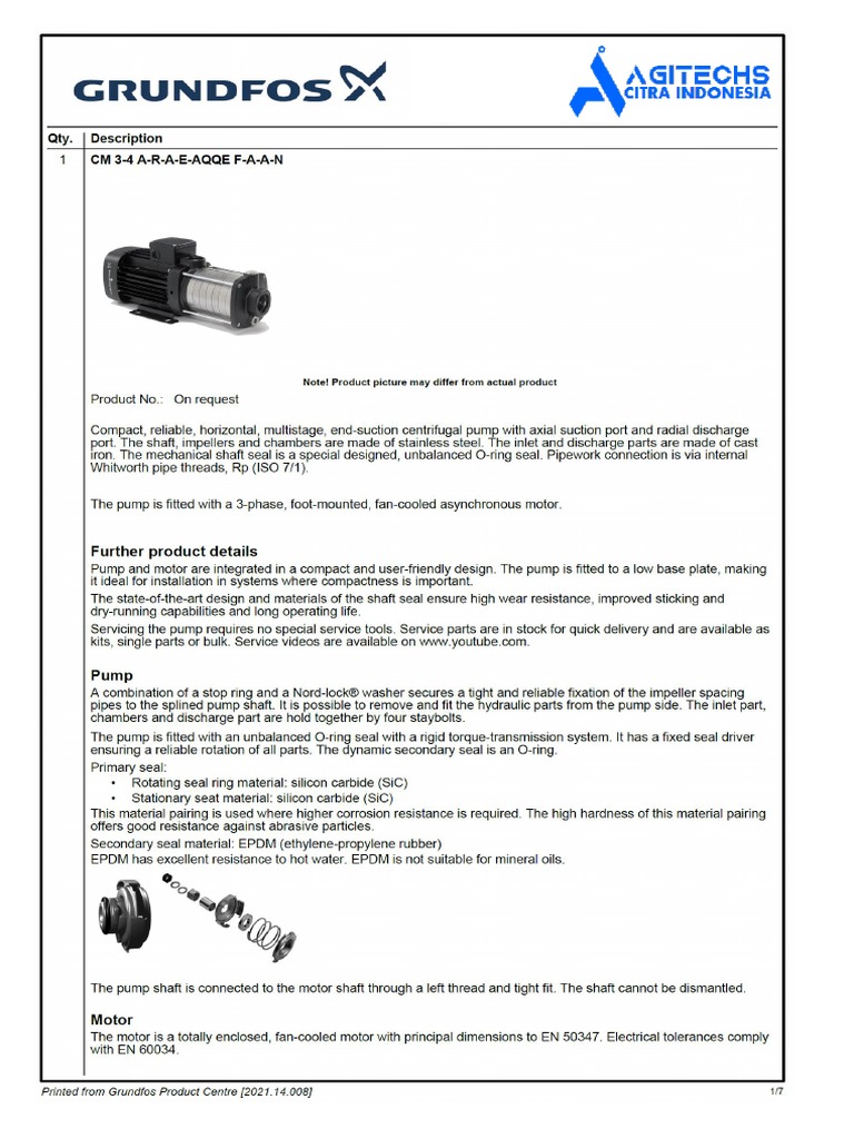 Grundfos End Suction Multistage CM 3 4 A R A E AQQE F A A N | PDF
