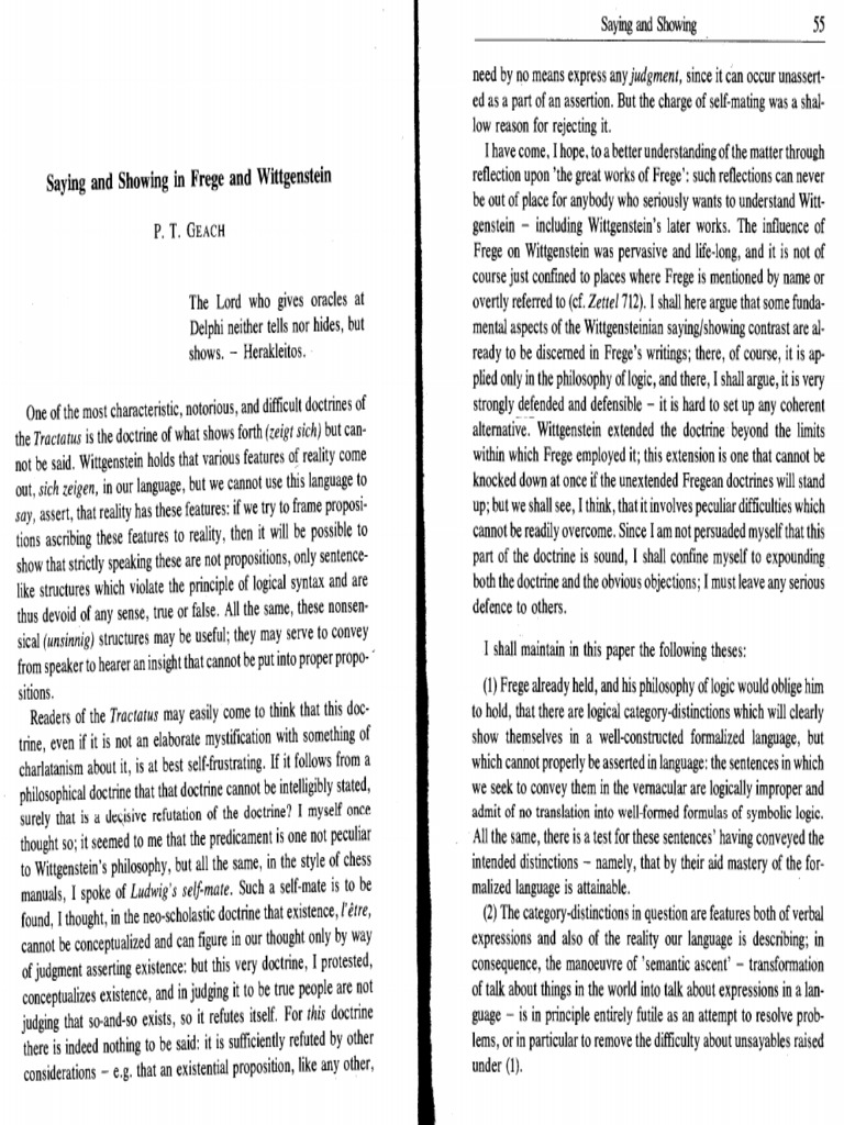 Geach Saying and Showing in Frege and Wittgenstein | PDF