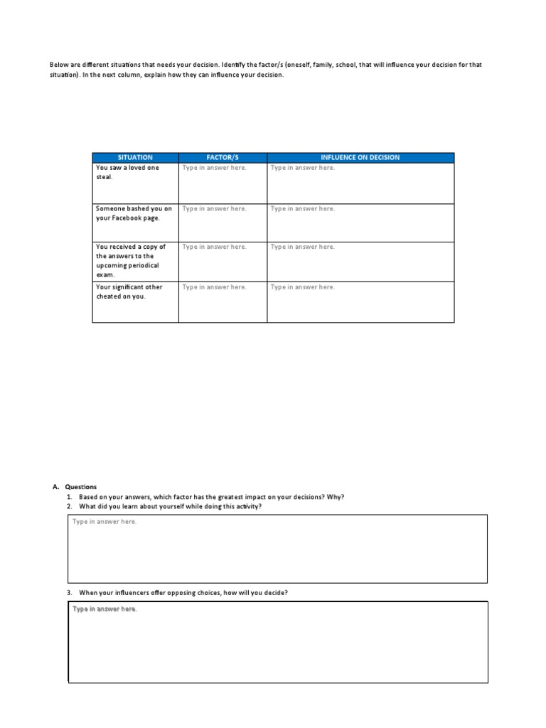 Situation Factor/S Influence On Decision: Type in Answer Here. Type in ...