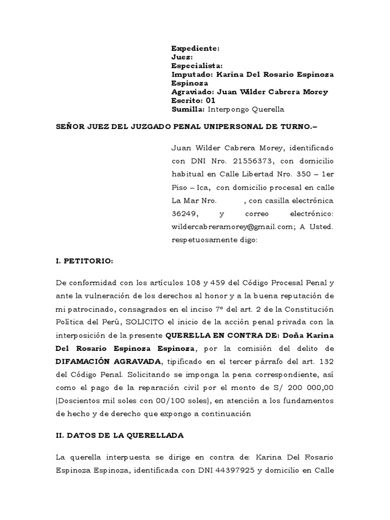 Modelo Escrito Querella Difamacion Agravada Medio de Prensa LP | PDF | Derecho penal | Queja