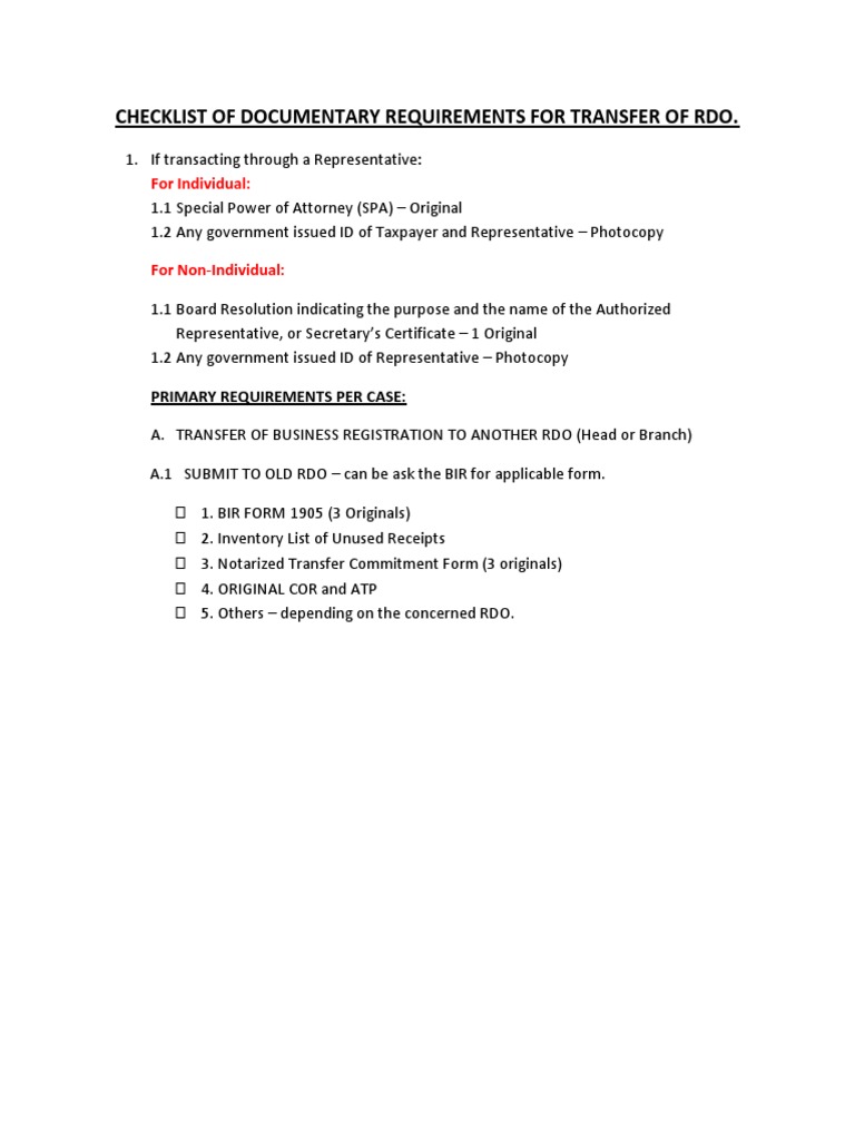 Checklist of Documentary Requirements For Transfer of Rdo | PDF