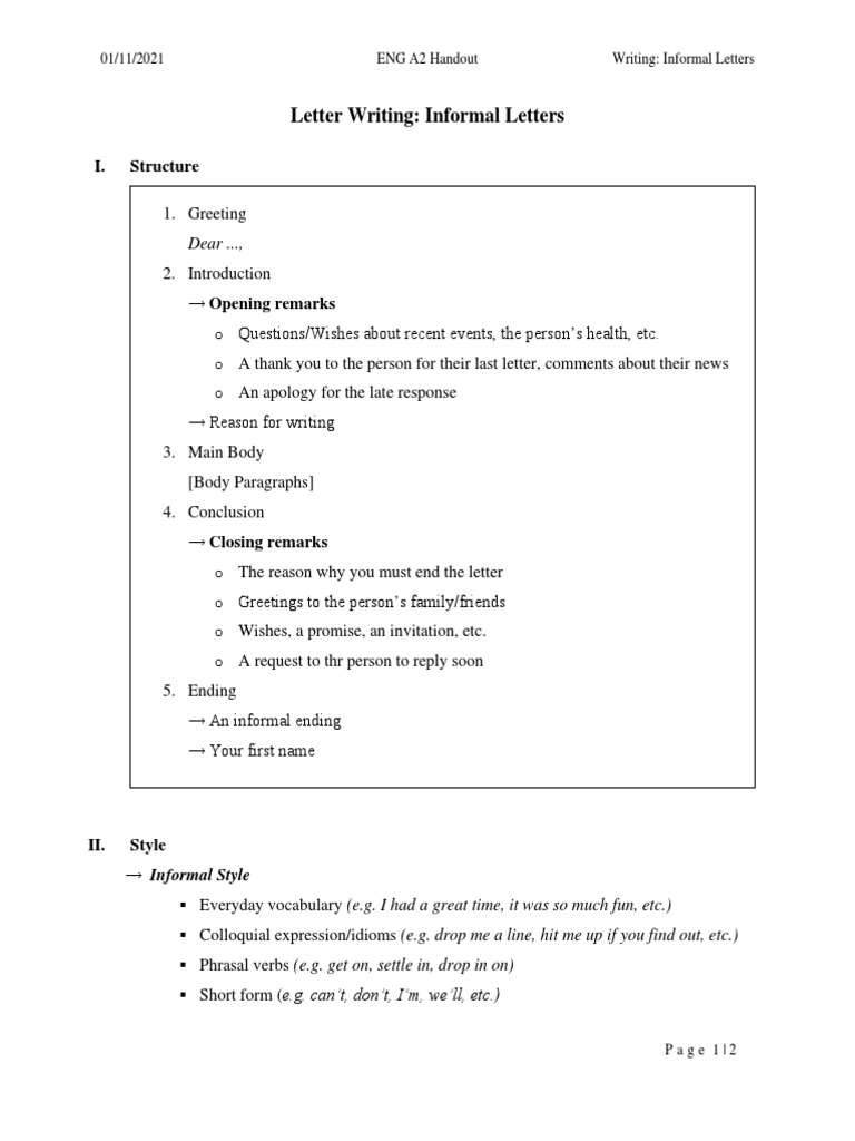 (ENG A2) 011121 Handout - Informal Letters | PDF