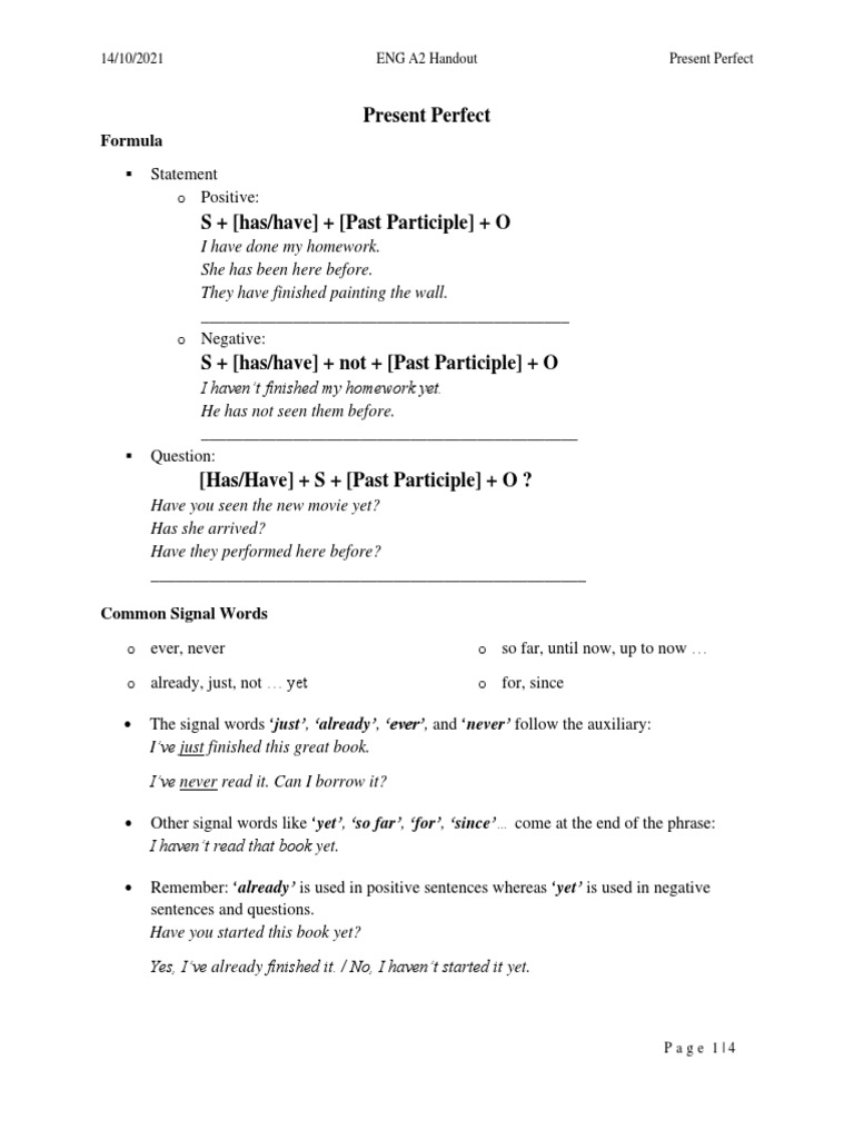 (ENG A2) 141021 Handout - Present Perfect | PDF | English Language ...