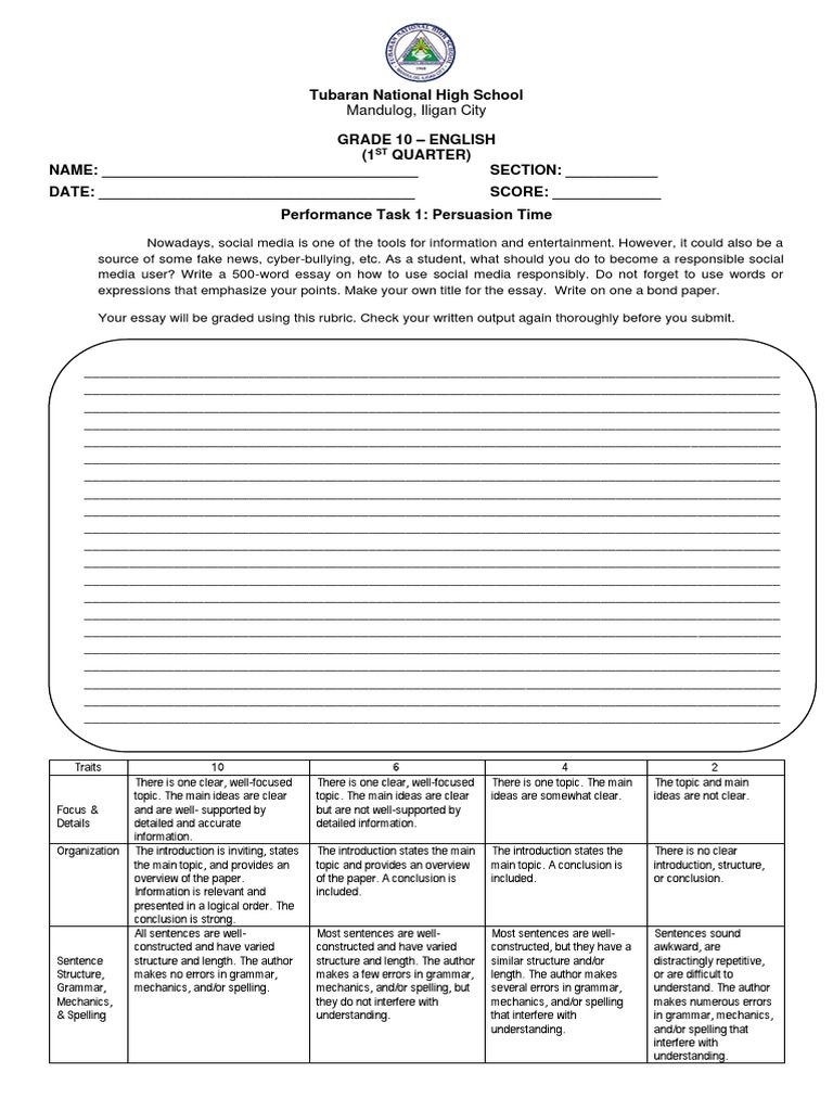Performace Task Grade 10 | PDF | Rubric (Academic) | Essays
