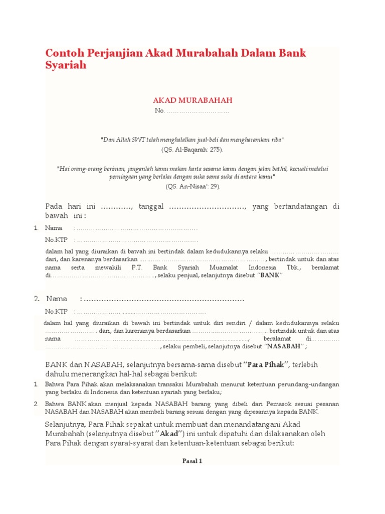 Contoh Akad Murabahah Bank Syariah | PDF | Pengelolaan Keuangan & Uang