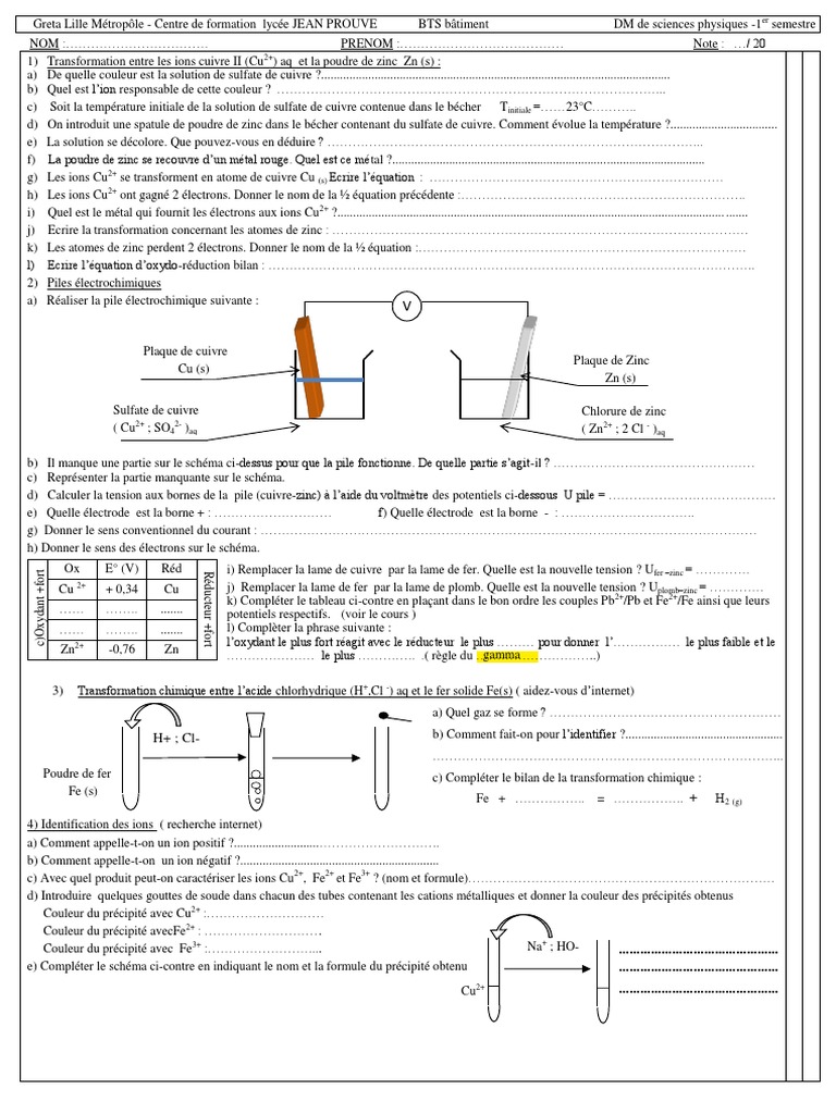DM Oxydo - Réduction BTS Bât Version PDF | PDF | Zinc | Réaction d ...