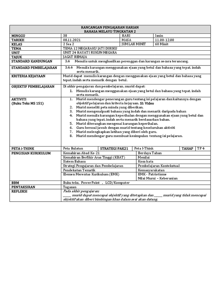 Rancangan Pengajaran Harian M38 | PDF
