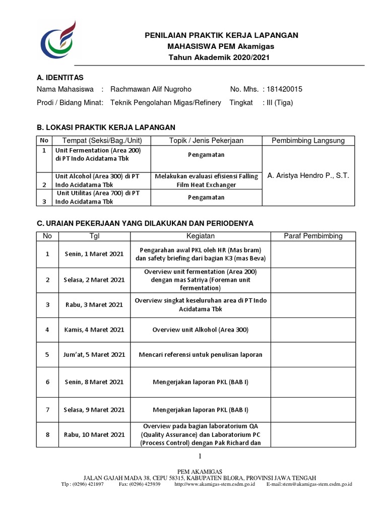 ALIF - Form 1 Log Book & Penilaian Pembimbing Lapangan | PDF