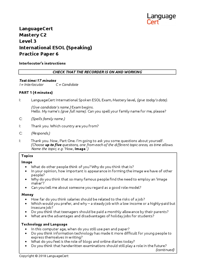 Languagecert Mastery C2 Level 3 International Esol (Speaking) Practice ...