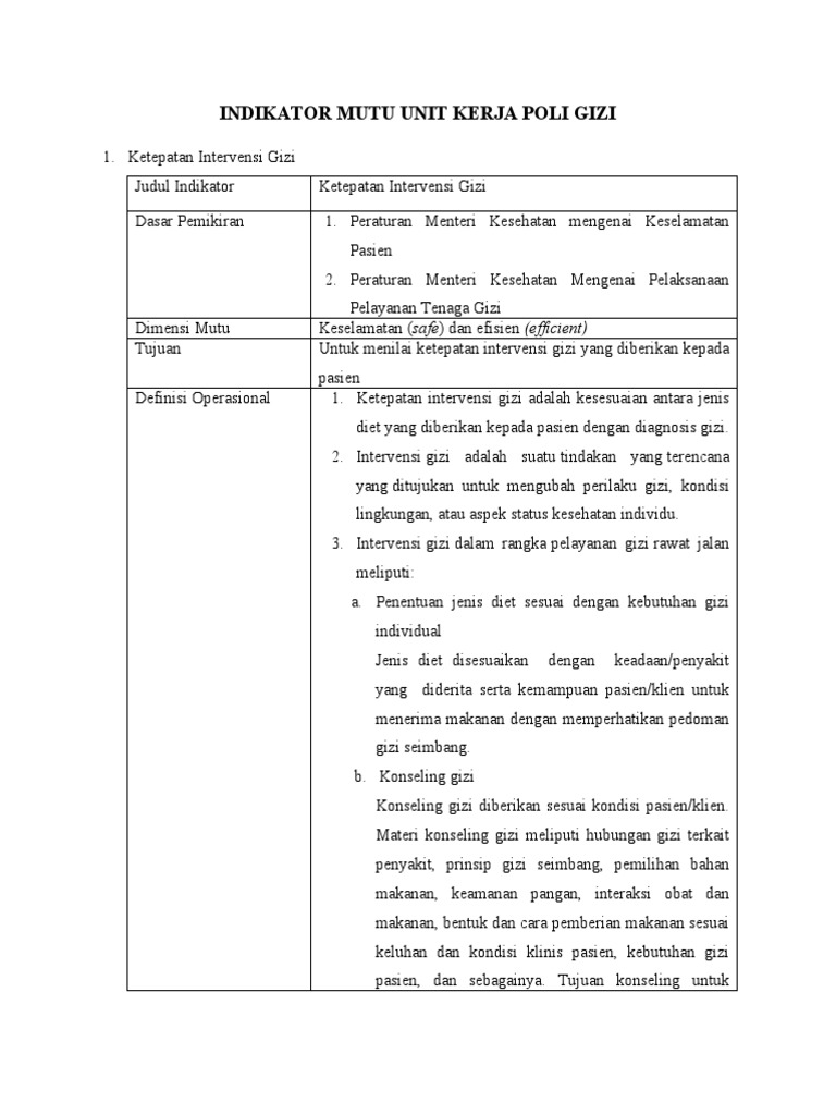 Indikator Mutu Unit Kerja Poli Gizi | PDF
