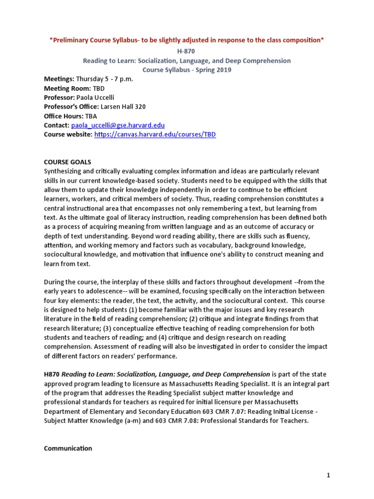 Reading Comprehension Syllabus | PDF | Reading Comprehension | Literacy