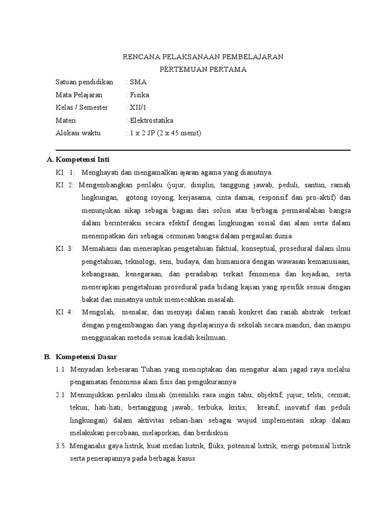 RPP Pertemuan 1 Listrik Statis | PDF
