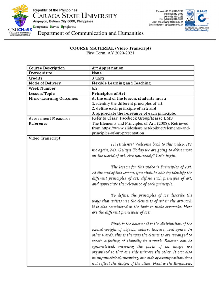 Video Transcript-Principles of Art | PDF | Communication | Learning