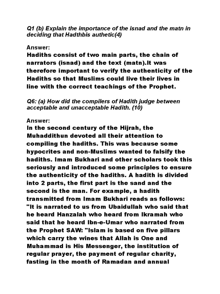 Answer:: Q1 (B) Explain The Importance of The Isnad and The Matn in ...