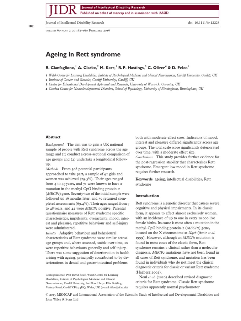 2016 - Ageing in Rett Syndrome | PDF | Intellectual Disability | Survey ...