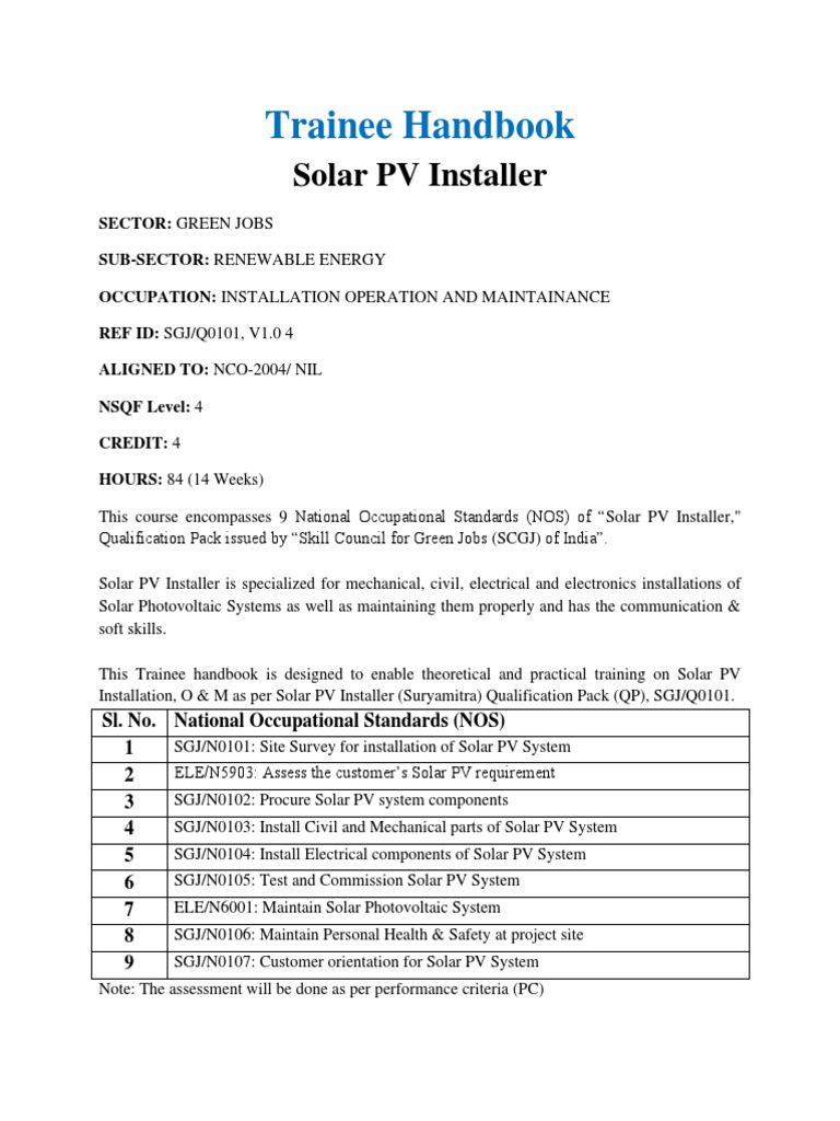 Skill Course Trainee Handbook of Solar PV Installer SCGJ CUTM PDF | PDF ...