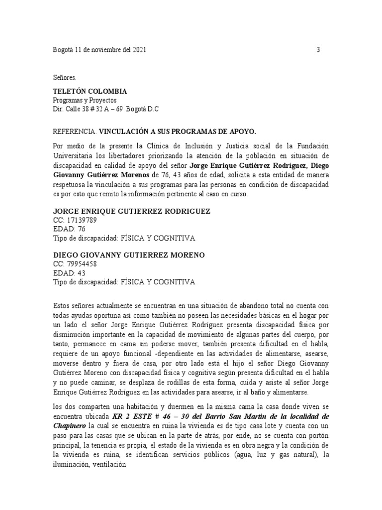 Carta Teleton Colombia | PDF | Invalidez