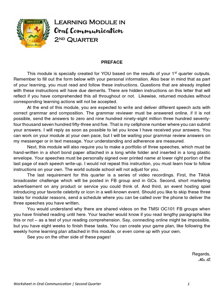 Oral Communication Module: 2nd Quarter | PDF | Communication | Human ...