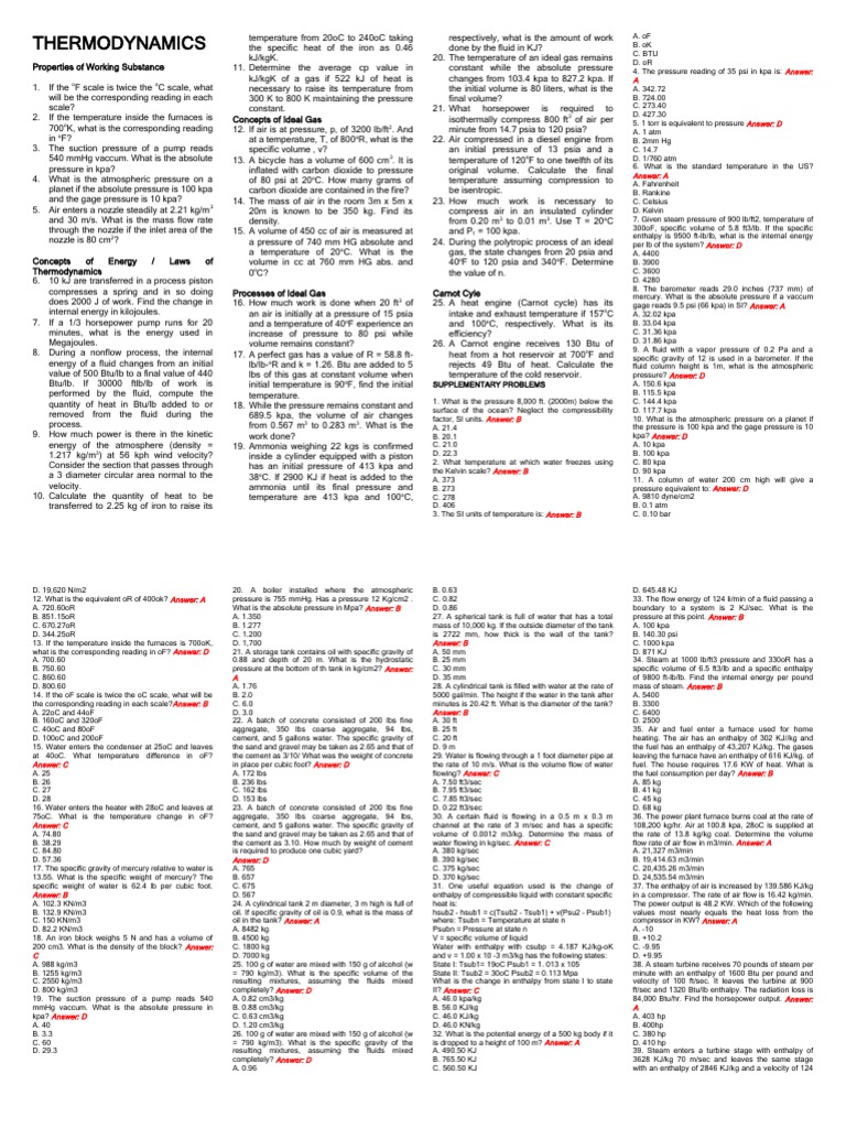 Thermodynamics: Answer: A | PDF | Pressure | Enthalpy