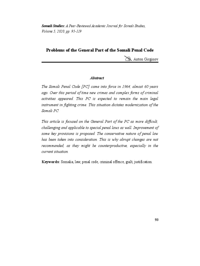 Problems of The General Part of The Somali Penal Code | PDF | Intention ...