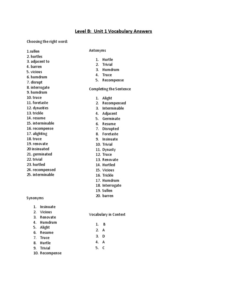Level B Unit 1 Vocabulary: Choosing the Right Word | PDF