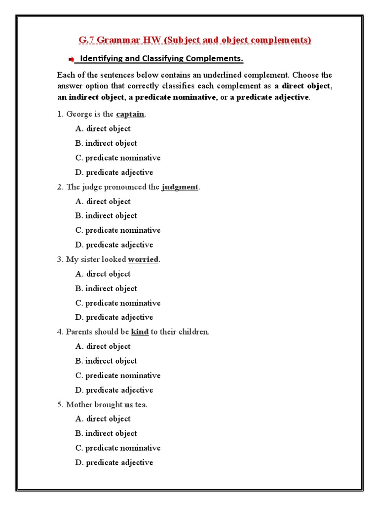 G.7 Grammar HW (Subject and Object Complements) | PDF