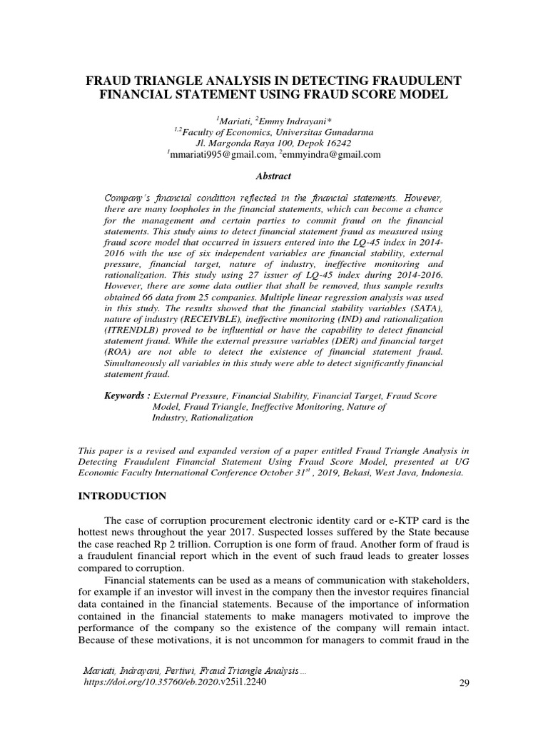Fraud Triangle Analysis in Detecting Fraudulent Financial Statement Using Fraud Score Model ...