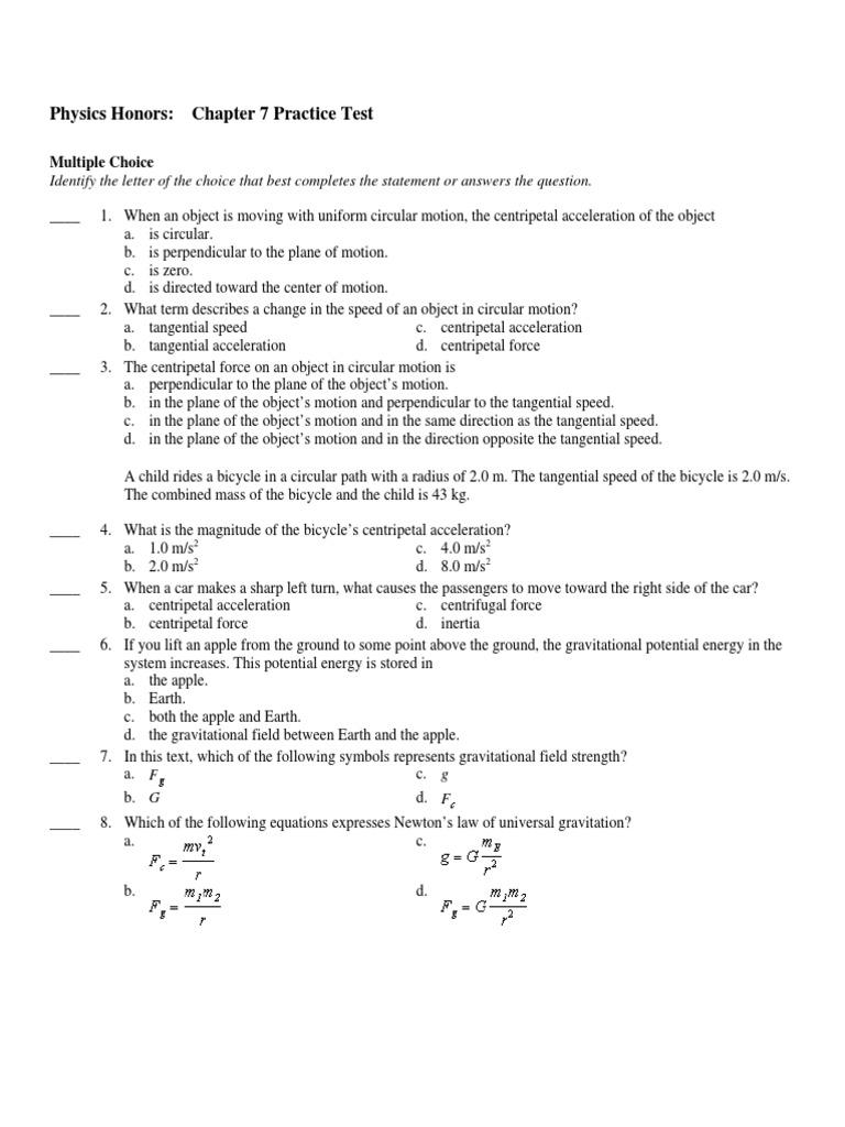 Physics Honors: Chapter 7 Practice Test: Multiple Choice | PDF | Orbit ...