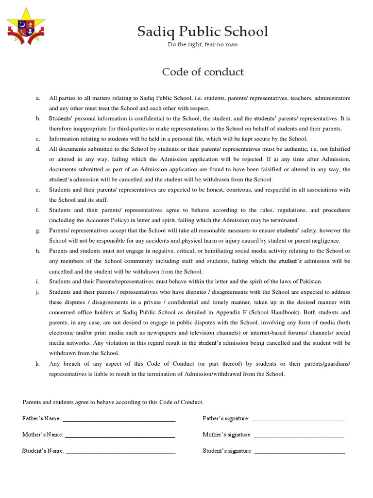 Sadiq Public School: Code of Conduct | PDF | Crime & Violence | Justice