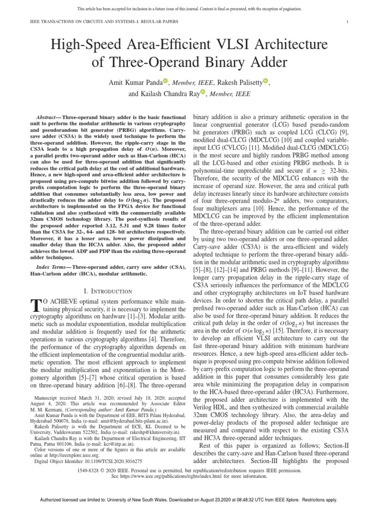 High-Speed Area-Efficient VLSI Architecture of Three-Operand Binary ...