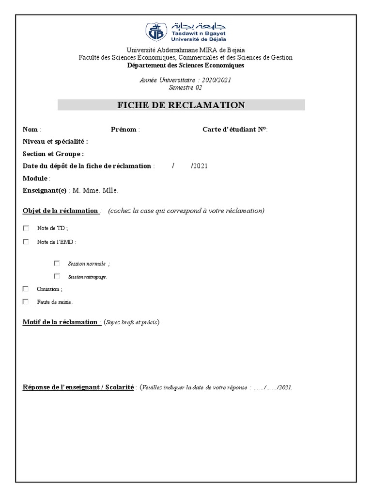 Fiche de Réclamation 2020-2021 | PDF