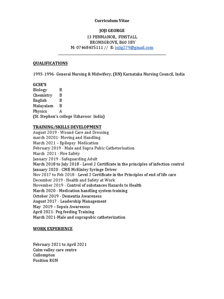 George CV v2 | PDF | Nursing | Intensive Care Unit