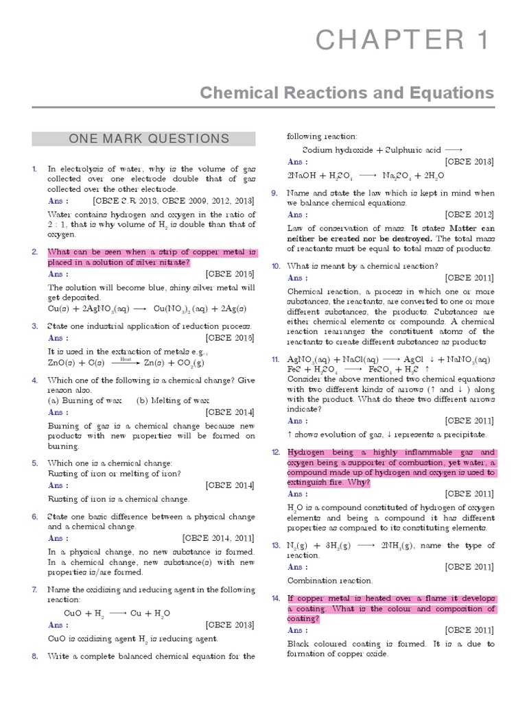 Chemical Reactions and Equations: One Mark Questions | PDF | Redox ...