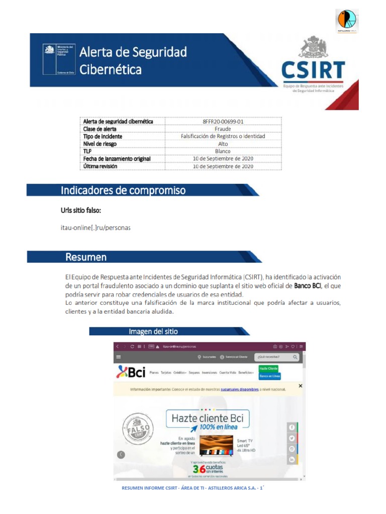 Informe CSIRT TI Astilleros Arica S.A. | PDF