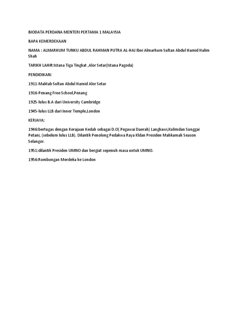 Biodata Perdana Menteri Pertama 1 Malaysia | PDF
