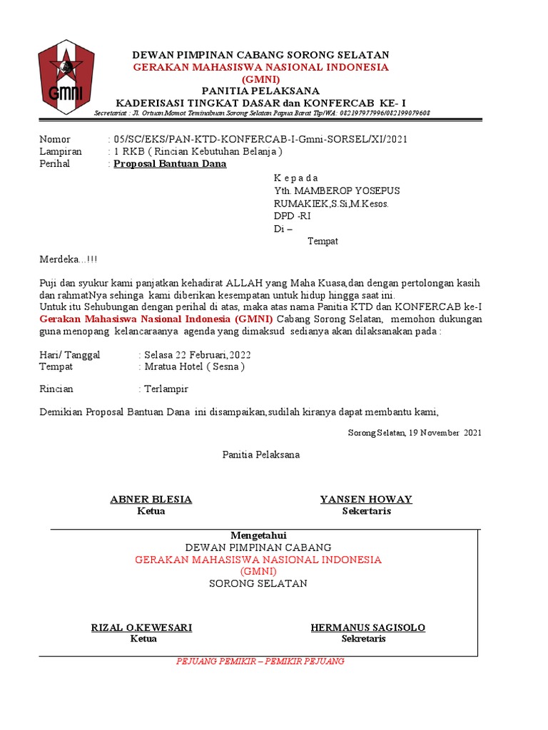 Proposal Bantuan Dana KTD Dan Konfercab Gmni SS | PDF